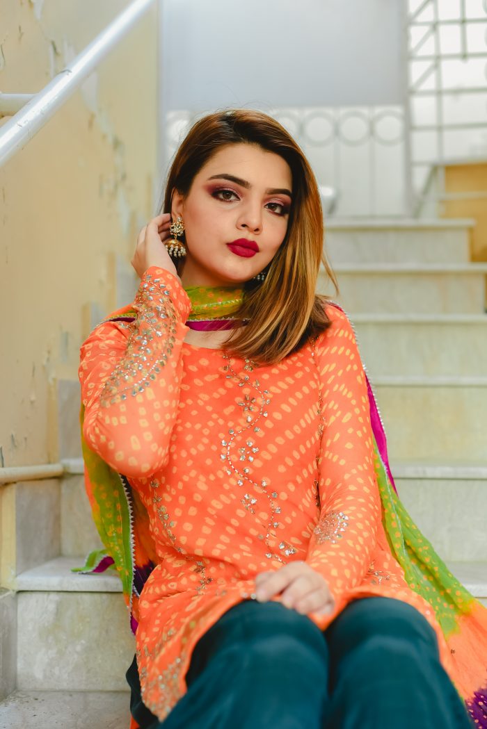 SOLID ORANGE KAMDANI WORK KURTA SHALWAR SET WITH CHUNRI DUPATTA – Saad ...