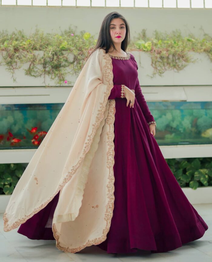 SOLID PURPLE LONG FLARED ANARKALI SET WITH HAND EMBELLISHED DUPATTA ...