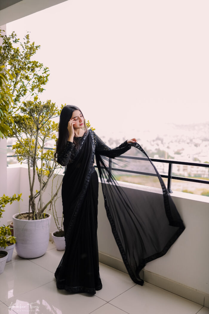 SOLID BLACK SAREE WITH CHIKANKARI BLOUSE – Saad Ibrahim