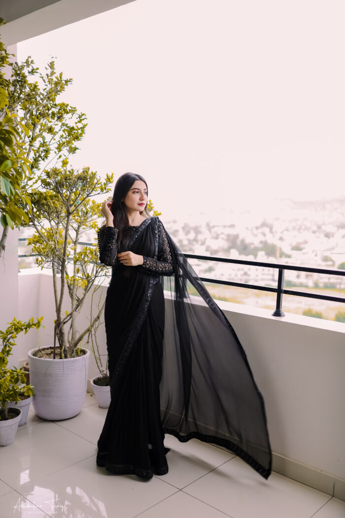 SOLID BLACK SAREE WITH CHIKANKARI BLOUSE – Saad Ibrahim