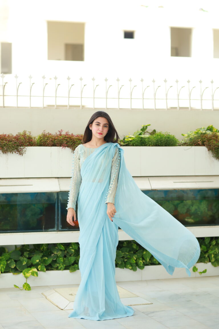 SOLID SKY BLUE CHIKANKARI BLOUSE SAREE – Saad Ibrahim
