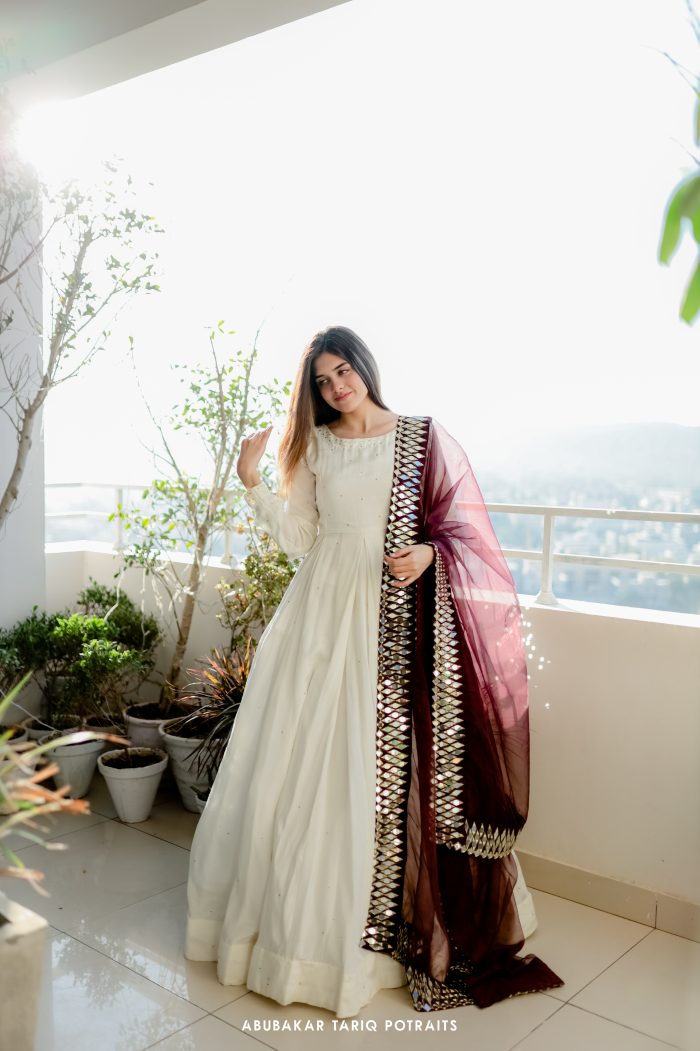 SOLID IVORY LONG FLARED ANARKALI SET WITH MAROON EMBELLISHED DUPATTA ...