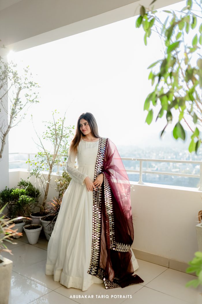 SOLID IVORY LONG FLARED ANARKALI SET WITH MAROON EMBELLISHED DUPATTA ...
