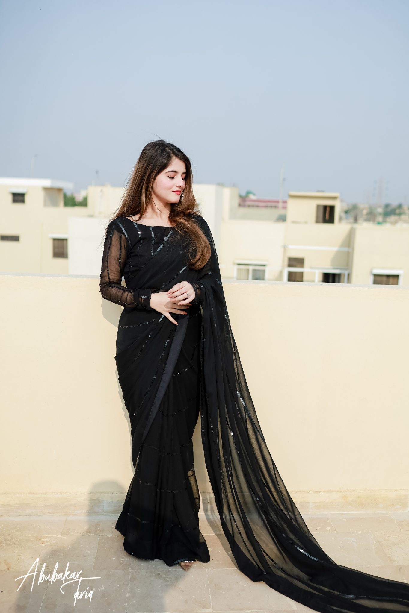 SOLID BLACK SAREE WITH HAND EMBELLISHED SEQUINS WORK – Saad Ibrahim